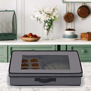 Household Essentials Tabletop Storage Box, Windowed Lid and Front Handle, 8 Compartment Lift-out Tray, 4 Fabric Pouches, Perfect for Special Occasion Tabletop Linens, Gray