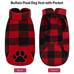 Pedgot Red and Black Plaid Fleece Dog Vest Clothes with Pawprint Pocket, Warm Dog Shirt Pullover Sweater Pet Coat Jacket Apparel for Fall Winter Christmas Wearing (Small)