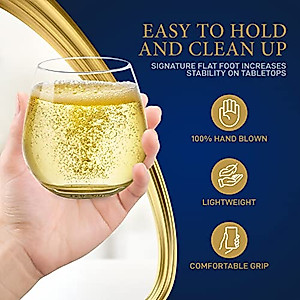 NutriChef 15oz Stemless Wine Glasses - Set of 2 Ultra Thin Elegant Red & White Wine Clear Crystal Glass Drinkware, Lead-Free, Hand Blown Seamless Bowl, Dishwasher Safe,