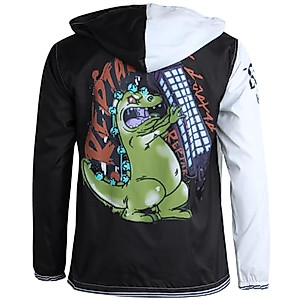 Nickelodeon Men's Jacket - Lightweight Hooded Windbreaker Coat - Vintage Novelty Streetwear for Men: SpongeBob Rugrats (S-XL), Size X-Large, Rugrats Black