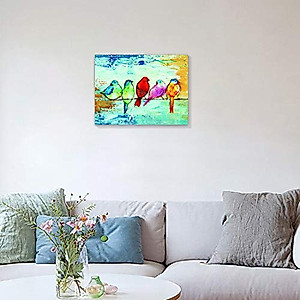 Loomarte Bird Pictures Wall Decor Five Singing Birds Oil Painting Canvas Print Artwork Abstract Painting Walls Art for Home Bathroom Bedroom Kitchen Living Room Ready to Hang, Framed 12x16 inch Panel