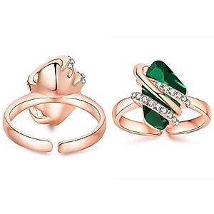 Leafael Wish Stone Women's Adjustable Crystal Open Ring (Emerald Green Rose Gold Plated) Gifts for Women May Birthstone Jewelry, Size 6.5-8
