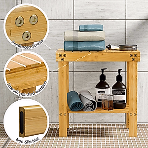 Glavbiku Bamboo Shower Bench, Shower Chair with Non-Slip Feets Storage Shelf Safe and Stable, Kids Adults Wooden Stool for Home, Bathroom, Bedside, Living Room