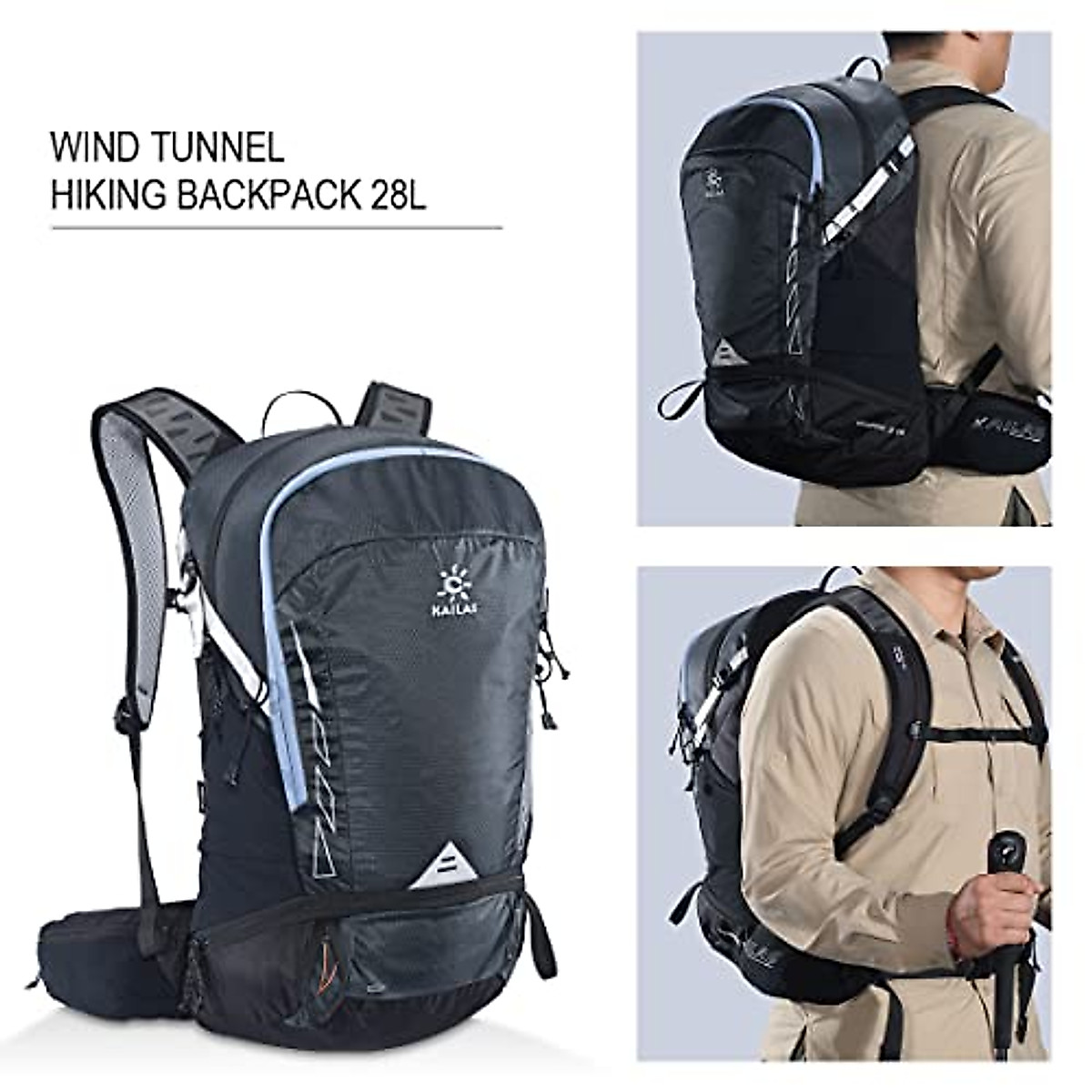 KAILAS 28L Hiking Backpack Men Women，Large Backpack with Rain Cover Camping Backpack，Waterproof Backpack for Men Women Black