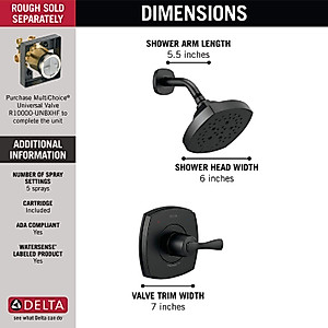 Delta Faucet Stryke 14 Series Single-Function Shower Faucet Set, Single-Spray H2Okinetic Shower Head, Black Shower Faucet, Delta Shower Trim Kit, Matte Black T14276-BL (Valve Not Included)