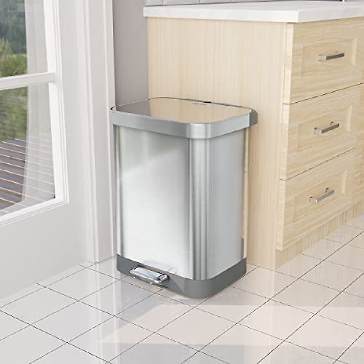 Glad Stainless Steel Step Trash Can with Clorox Odor Protection | Large Metal Kitchen Garbage Bin with Soft Close Lid, Foot Pedal and Waste Bag Roll Holder, 13 Gallon, All Stainless