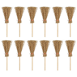 SEWACC 12pcs Mini Broom Decoration Miniature Artificial Straw Brooms Hanging Ornament Halloween Straw Craft Decor Witches Broom for Cosplay Party