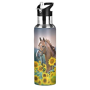 ALAZA Sunflower Horse Water Bottle with Straw Lid Kids Vacuum Insulated Stainless Steel BPA Free Water Flask Thermo Mug Sport, 20 Oz Hot Cold