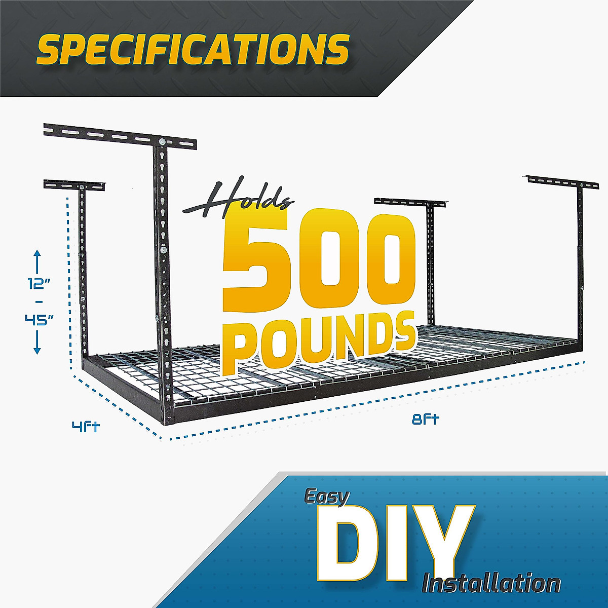 MonsterRax Overhead Garage Storage Racks 3x8’ (2-Pack) Ceiling Mounted Shelving, Adjustable Hanging Organizer, Heavy Duty Steel, Holds 500 Pounds, Color:Hammertone, Adjustable12"-21” from Ceiling