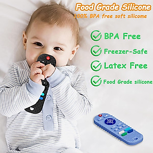 Mgtfbg 2 Pack Soft Silicone Teething Toys for Toddlers, Babies 6-12 Months - Boys Girls Baby Molar Teether Chew Toys Set, Remote Control Shape Teething Toys Gift（Blue+Black）