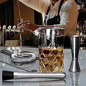 Lighten Life Cocktail Mixing Glass Set,Bar Mixing Set with 20oz Crystal Thick Bottom Glass,Spoon, Jigger,Strainer and Muddle,5 Pieces Cocktail Mixing Glass Kits Perfect for Amateurs and Bartenders