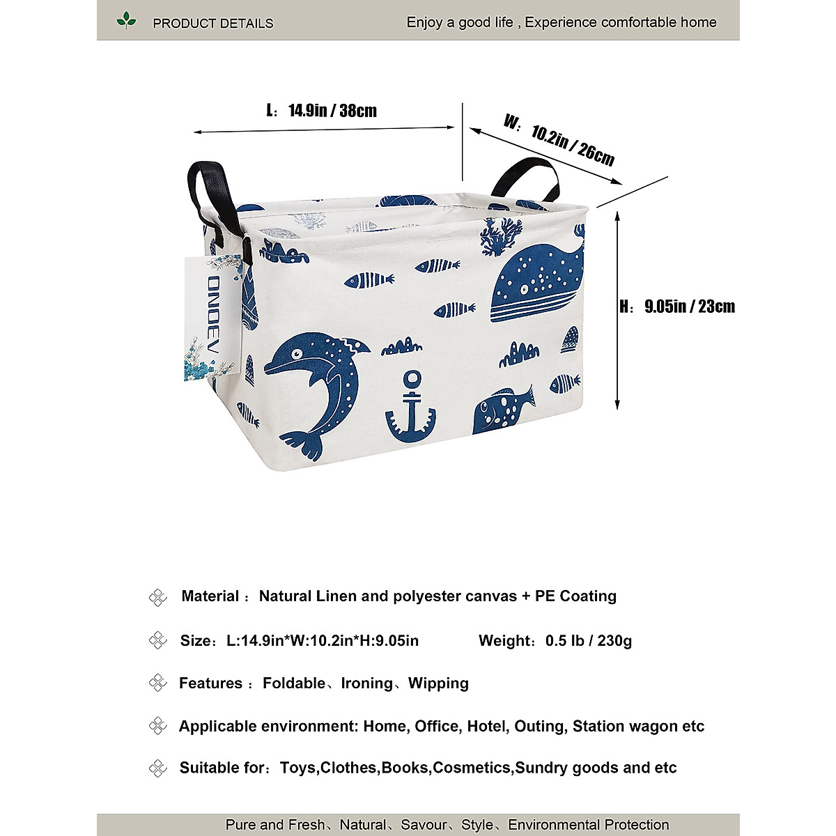 ONOEV Rectangular Folding Laundry Basket, Canvas Basket,Nersury Hamper,Suitable for Children,Office,Bedroom,Clothes,Toys Storage (Blue Whale), 14.9L x10.2Wx9.05H''