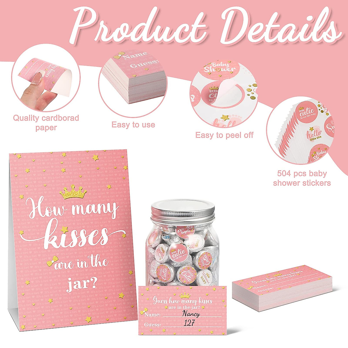555 Pcs How Many Kisses Baby Shower Games, Pink and Gold Standing Sign Guessing Cards Baby Shower Kisses Stickers for Kids Girl Birthday Baby Shower Sprinkle Party Decoration (No Candy and Jar)
