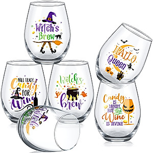 Bokon 6 Pcs Halloween Stemless Wine Glasses 15oz Witches Wine Glasses Hallo Queen Drinking Glasses Ice Coffee Beer Beverages Clear Tumbler Cups Halloween Gifts for Women Men Party Event Decorations