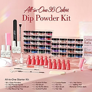 170Pcs Dip Nails Powder Starter Kit, AZUREBEAUTY 36 Colors Brown Purple Fall Dip Powder Nail Kit Starter with Essential Liquid and Removal Accessories Set for French Nail Art Manicure Salon DIY Home