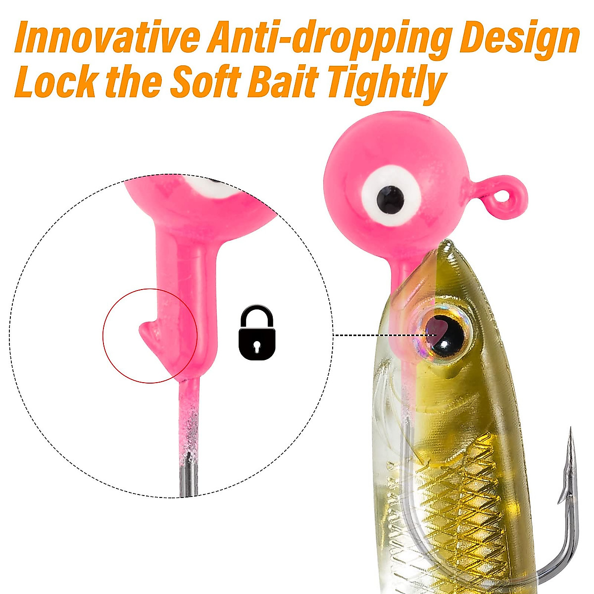 Alwonder 10 Pack Round Fishing Jig, Bass Ball Jigs 3D Eyes High Carbon Steel Jig Hooks Bass Lures Jig Heads Freshwater Saltwater Surf Fishing Jigs for Walleye Striper Pompano, Orange-1/2oz