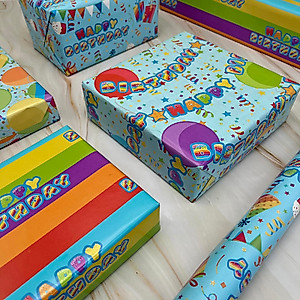 Dtiafu Birthday Wrapping Paper for Boys Girls Kids - Blue Glitter Gift Wrap with Happy Birthday Rainbow Balloons Hats - 20inch x 28inch Per Sheet(8 Sheets Folded Flat)