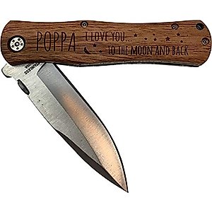 Poppa - I Love You to The Moon and Back Stainless Steel Folding Pocket Knife with Clip, Wood