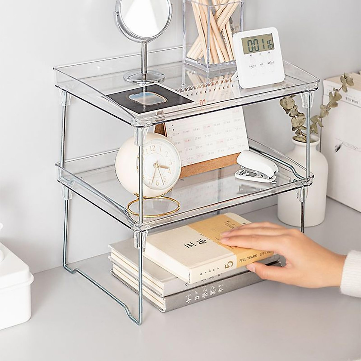 Estink Stackable Clear Organizer, Plastic Transparent Stackable Countertop Shelves Tabletop Storage Rack for Makeup Kitchen Utensils Cosmetics Stationery Bathroom Supplies Organization