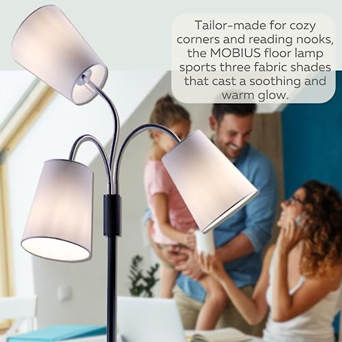 Mobius 3-Light Adjustable Multi-Head Floor Lamp with White Fabric Drum Shades - Ideal for Living Room, Bedroom, or Office - Torchiere Standing Pole Lamp - Versatile Lighting, Energy-Efficient