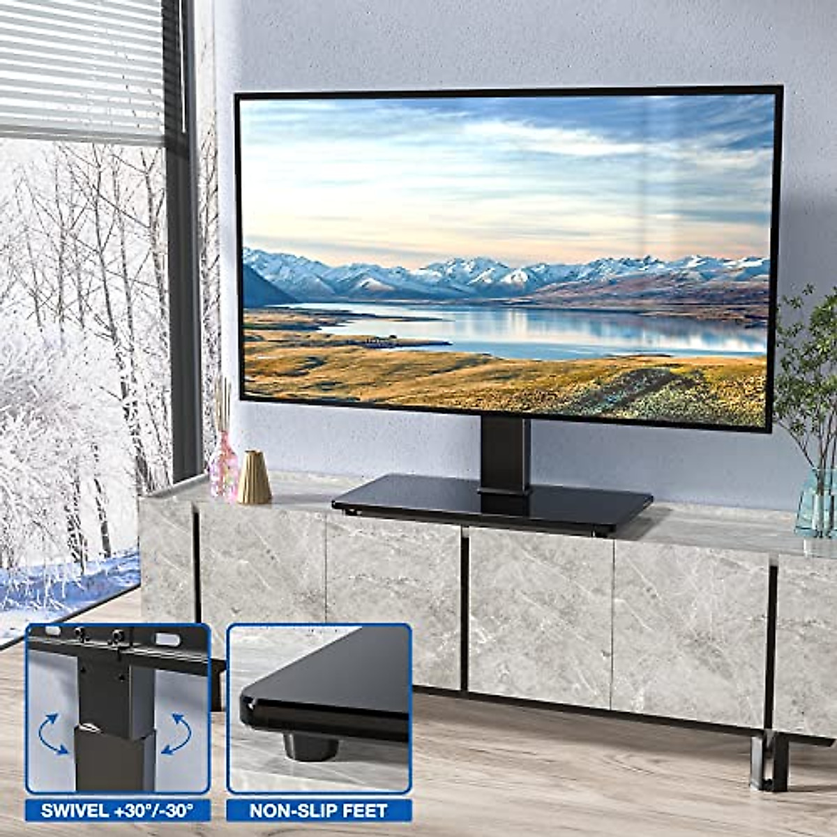 Rfiver Universal Swivel TV Stand Table Top TV Stand for 37-65,70,75 Inch LCD LED TV up to 110 lbs -Height Adjustable Center Pedestal Stand Replacement with Heavy Duty Tempered Glass Base