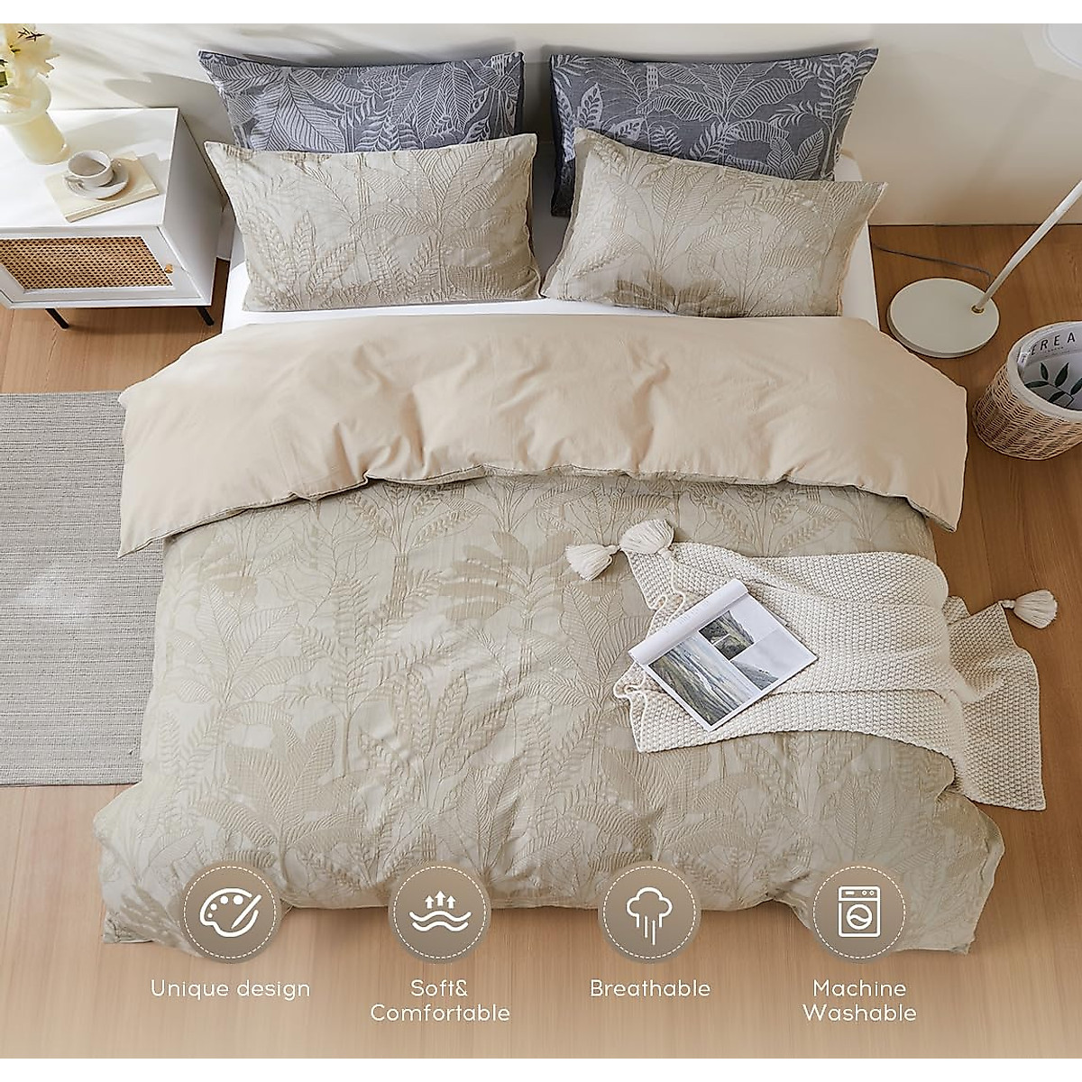 TUMEI Duvet Cover King, Jaguard Floral Duvet Cover King Size, Linen Cotton Blend Floral Leaf Patten Duvet Cover Set with Zipper and 2 Pillowcases, Soft and Breathable Khaki Bedding Set (No Comforter)