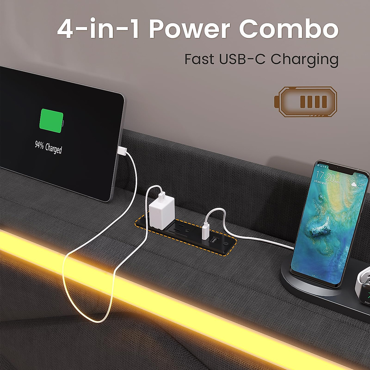 BTHFST King Bed Frame with LED Lights Headboard & USB-C/A Charging Station, Modern Upholstered King Size Platform Bed with Storage Drawers, No Box Spring Needed, Dark Gray