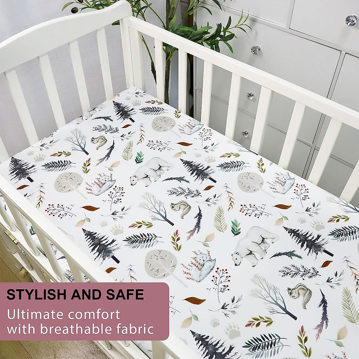 Crib Sheet Animals Fitted Standard Crib or Toddler Bed Soft Crib Sheet for Baby Boy Girl Woodland, 52' x 28' x 9' White