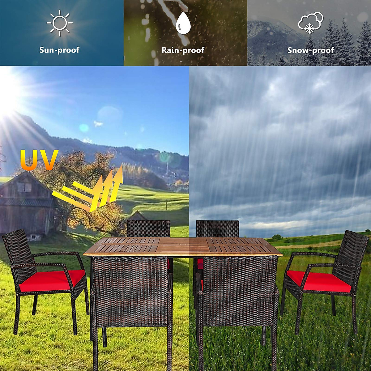 HAPPYGRILL 7 Pieces Patio Dining Set Outdoor Furniture Rattan Wicker Dining Set with Umbrella Hole, Powder Coated Steel Frame, Acacia Wood Dining Table and Armchairs with Removable Cushions