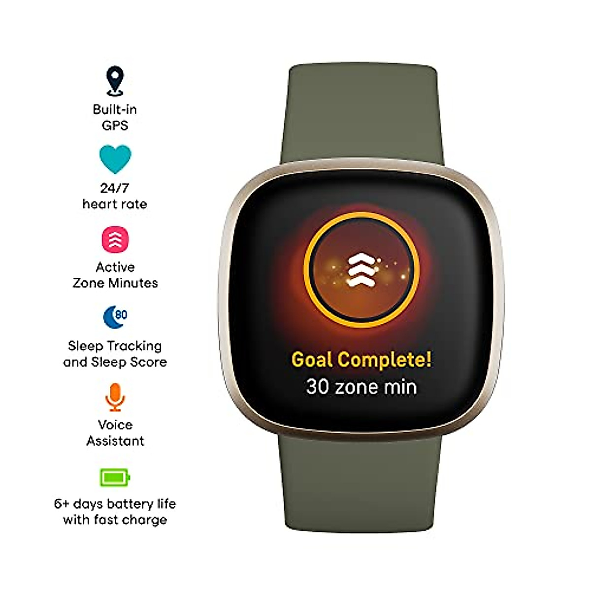 Fitbit Versa 3 Health & Fitness Smartwatch with GPS, 24/7 Heart Rate, Alexa Built-in, 6+ Days Battery, Olive/Soft Gold, One Size (S & L Bands Included)