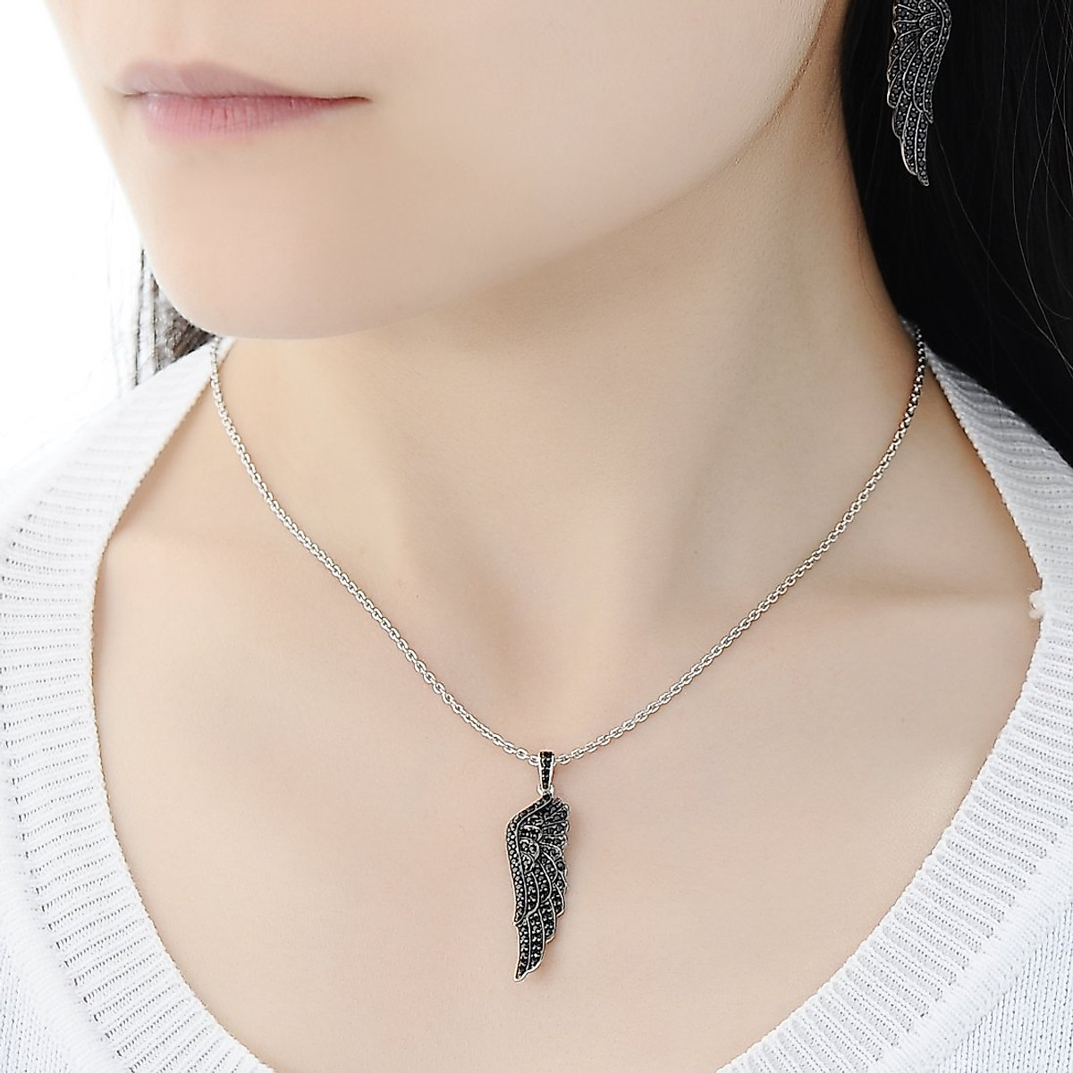 Santuzza 925 Sterling Silver Angel Wing Pendant Black Spinel Lucky Wing Pendant for Women