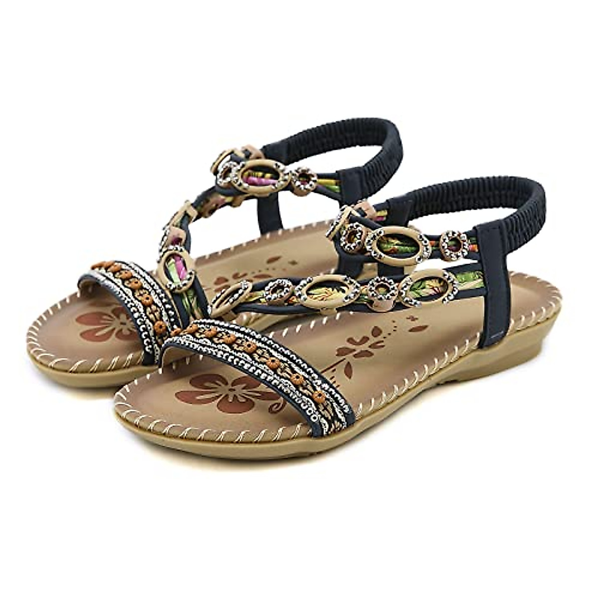 Summer Fashion Women Casual Open Toe Flat Rhinestone Comfortable Soft Bottom Breathable Elastic Band Shoes Sandals Leopard Print Heels for Women Sandal (Blue, 7.5)