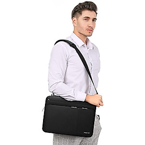 MOSISO 360 Protective Laptop Shoulder Bag Compatible with MacBook Air/Pro,13-13.3 inch Notebook,Compatible with MacBook Pro 14 inch 2023-2021,Side Open Sleeve with 3 Front Pockets&PU Handle&Belt,Black