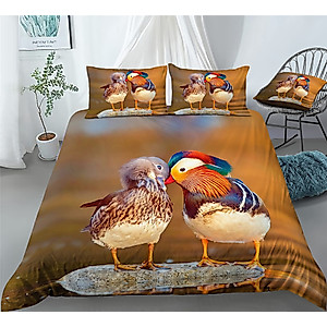 Boasorte Romantic Mandarin Duck Prints Duvet Cover Set | Wildlife Elegant Waterfowl Love Symbol Design Bedding Set | with Soft Duvet Cover+2 Pillow Shams(3pcs) or Sheet (4pcs) (B,Twin-4PCS)
