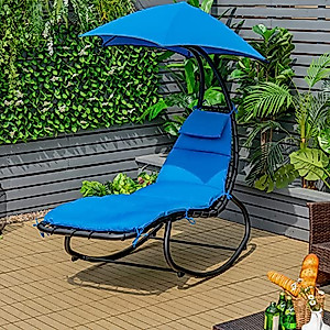 Tangkula Hanging Chaise Lounge Chair, Rocking Hammock Swing Chair with Cushion, Built-in Pillow, Removable Canopy, Outdoor Hanging Curved Chaise Lounger for Poolside, Backyard, Garden (Blue)