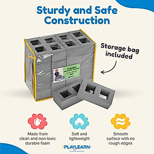 Playlearn 40pc Foam Cinder Blocks for Kids - Children’s Reflective Vest and Storage Bag Included - Actual Brick Size- Lightweight, Soft Building Blocks - Fake Brick Blocks