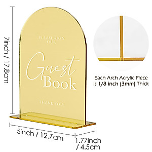 Acrylic Wedding Sign with Stand- 5"x7" Gold Mirror Arch Acrylic Guest Book Sign and Base,1/8" Thick | Modern Calligraphy White Lettering Acrylic Arch Sign for Wedding Reception & Party
