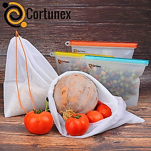 Reusable Silicone Food Storage Bags | 100% Food Grade Silicone Bags | LEAKPROOF, AIRTIGHT | Keep Fruit, Snacks, Veggie, Sandwich FRESH | Set Of 6 Bundle With 6 Reusable Mesh Produce Bags