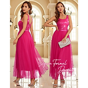 BeryLove Women's Long Sequin Party Dress Sleeveless Boat Neck Prom Wedding Homecoming Dresses for Teens Cocktail Evening Gown S001 Rose Red M