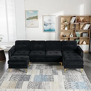 110" U-Shaped Sectional Sofa with Reversible Chaise and Movable Ottoman, 5-Seater Convertible Corner Couch with Side Pockets and Nail Head, Modern Comfy Sofa for Home Office Apartment (Black-021)