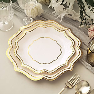 Tableclothsfactory 25 Pack | White/Gold 10" Scallop Rim Dinner Party Paper Plates, Disposable Plates - 300 GSM