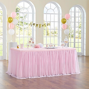 108in Baby Pink Tulle Table Skirts for Rectangle Tables 6ft 8ft 4ft, 2-Layer 9 ft Long Gold Grim Princess Pink Ruffle Tulle Tutu Table Skirt Cloth for Girl Birthday Baby Cake Dessert(No Table Cover)