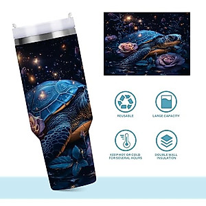 Slewiaeky Tumbler with Handle 40 oz Tortoise Turtle Skinny Travel Mug with Lid and Straw Ocean Stainless Steel Vacuum Insulated Water Bottle Cup for Iced Tea Coffee Cold Beverages Cup Holder Friendly