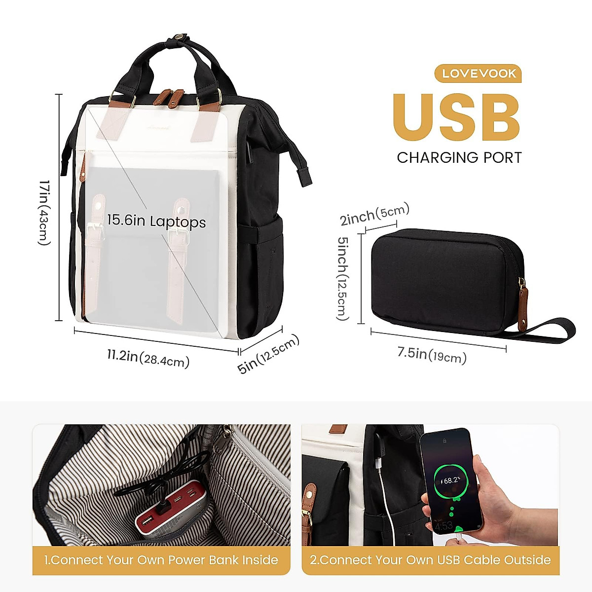 LOVEVOOK Laptop Backpack, Teacher Nurse Work Travel Backpacks Purse for Women, Computer Bag with USB Charging Port, 15.6 inch Black Brown