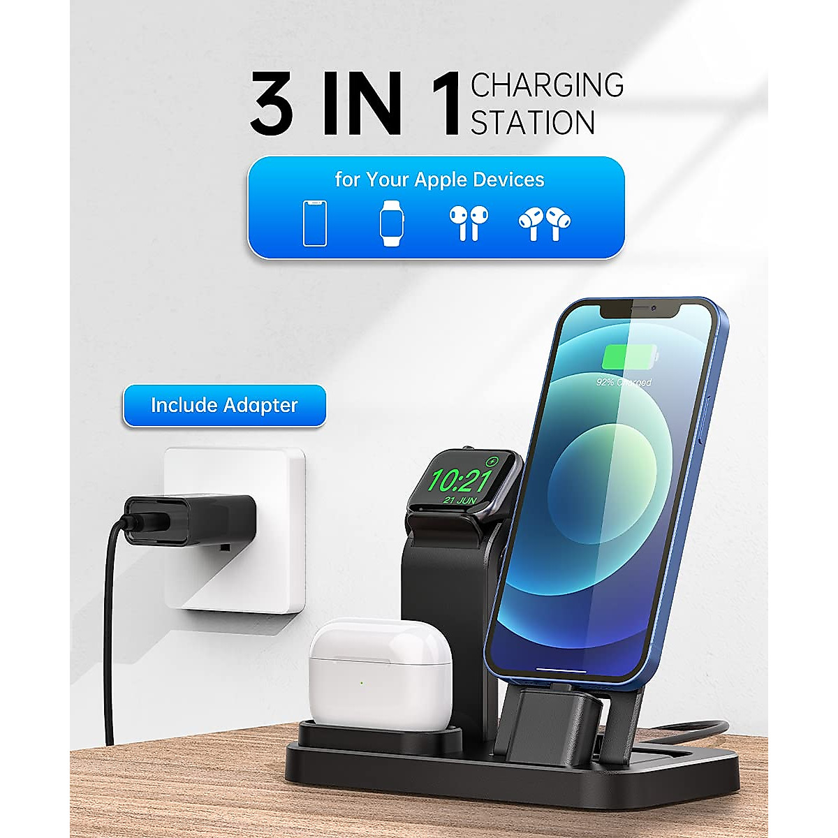 3 in 1 Charging Station Compatible with Apple Watch iPhone AirPods with 15W Adapter