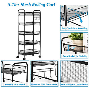 Giantex 5-Tier Storage Cart Rolling Trolley Organizer Utility Cart with Lockable Wheels, 5 Hooks, Mesh Shelves for Home Kitchen, Bathroom, Office and Bedroom (Black)