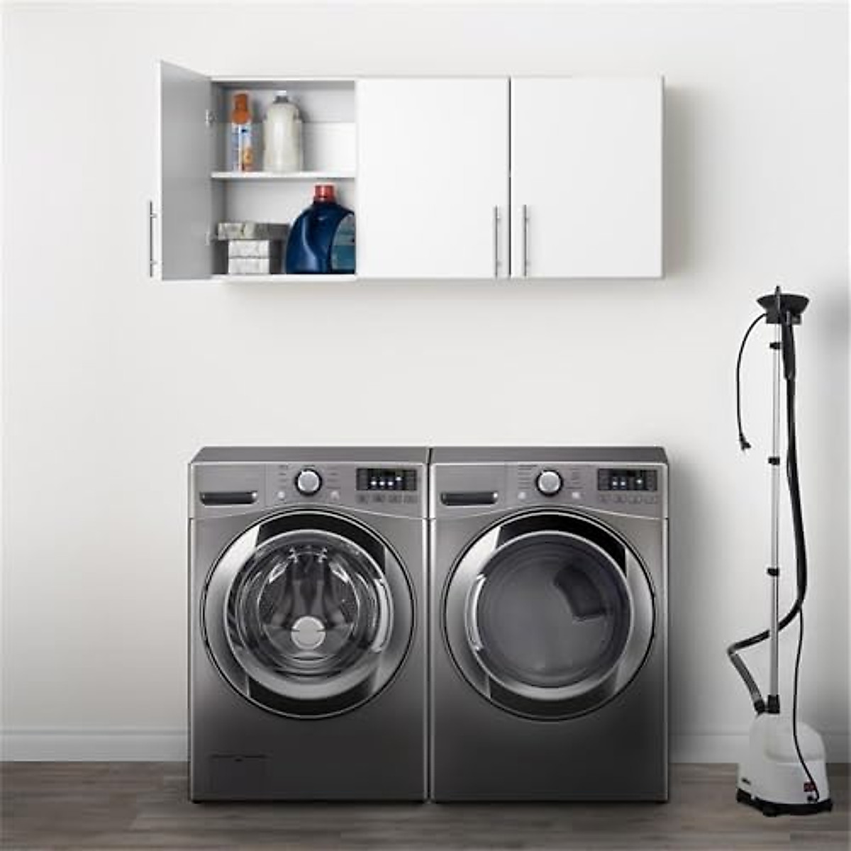 Pemberly Row 54" Modern Engineered Wood Wall Cabinet with 3 Doors & 3 Adjustable Shelves, Metal Handles, for Laundry Room, in White Finish