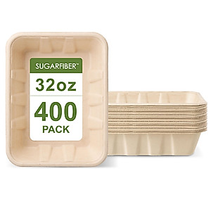 Harvest Pack GOURMET SHOWCASE [400 COUNT] Sugarfiber 32 oz Compostable Disposable Food Container Serving Trays, Rectangle, Made from 100% Eco-Friendly Plant Fibers