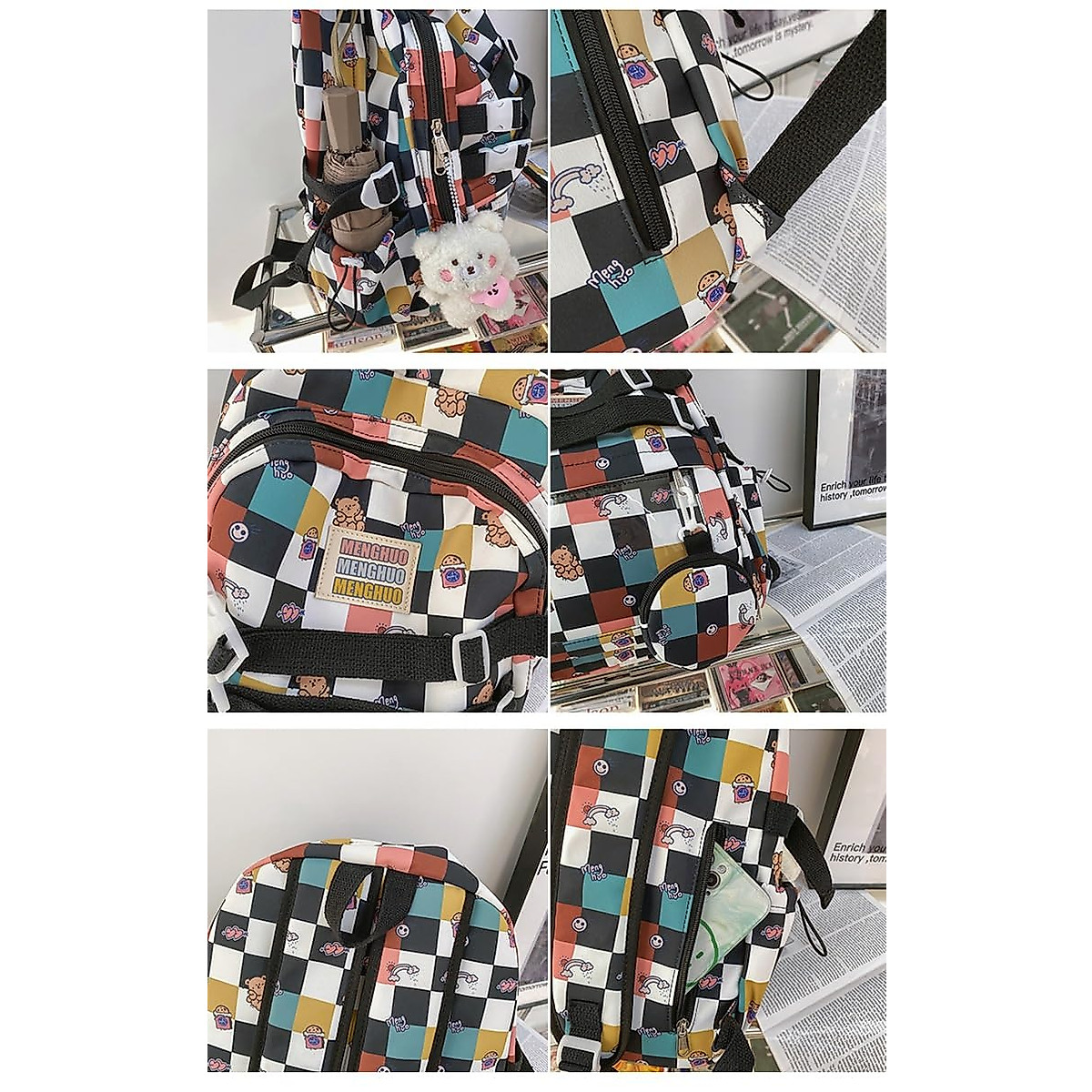 Lokkcy Cute Kawaii Backpack for Teen Girls with Doll,Fashion Plaid Backpack for School checkerboard backpack. (Khaki)