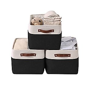 DECOMOMO Storage Bins | Fabric Storage Basket for Shelves for Organizing Closet Shelf Nursery Toy | Decorative Large Linen Closet Organizer Bins with Handles (Black and White, Large - 3 Pack)